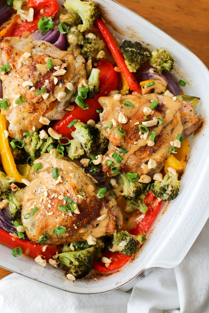 Anytime Fitness - One-Pan Crispy Peanut Chicken Thighs and Veg - Recipe ...
